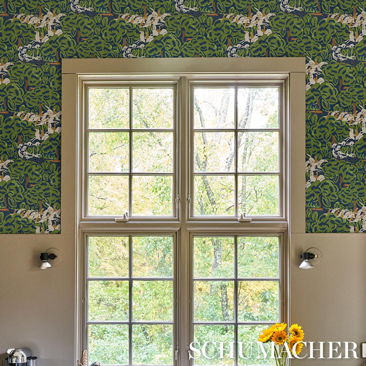 Margaret Schloeman's Fox Chase - Navy & Green Wallpapers | Schumacher